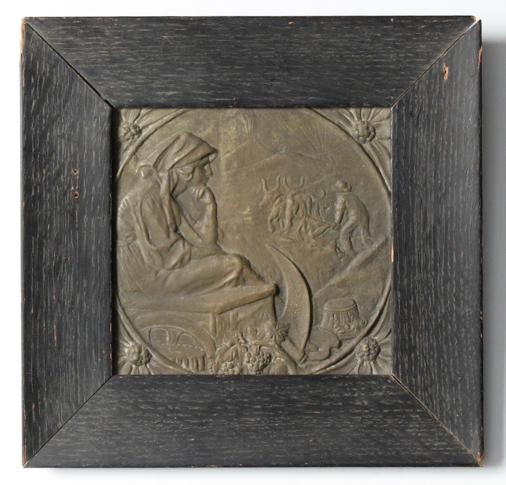 Turillo Sindoni | Bronze Bas Relief Plaque of Woman Watching Man Plow ...