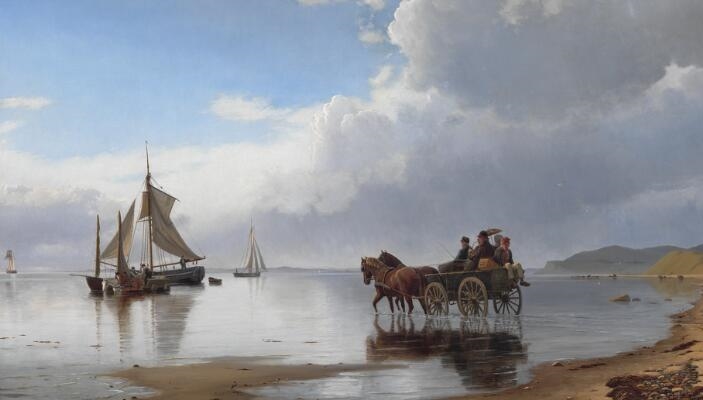 Christian Blache | Coastal scene with a horse carriage bringing ...