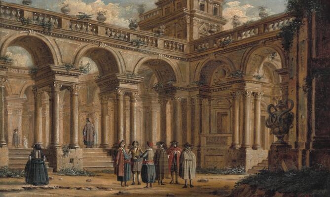 Jacopo Fabris | A capriccio with noblemen gathering in front of a ...