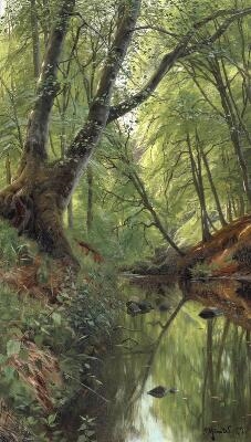 Peder Mork Monsted | A forest stream with tall trees reflected in the ...