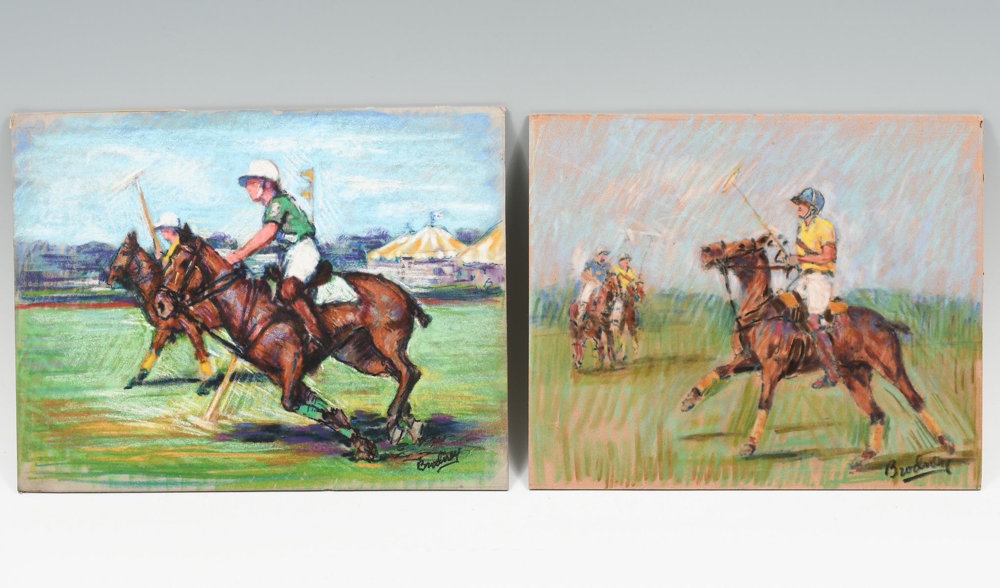 Edward Brodney | 2 Ink and Pastel on Velour Board Florida Polo scenes ...