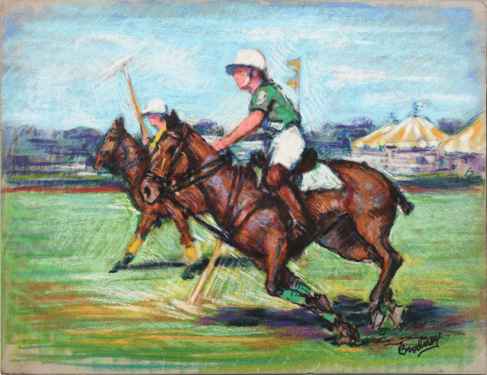 Edward Brodney | 2 Ink and Pastel on Velour Board Florida Polo scenes ...
