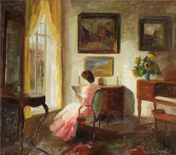 Edith Geert | A sunny interior with a young woman reading by the window ...