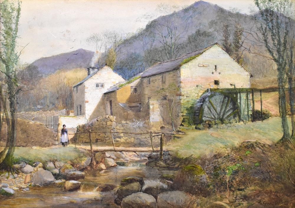Ian H. Goodfellow | maiden beside farm cottage with waterwheel | MutualArt