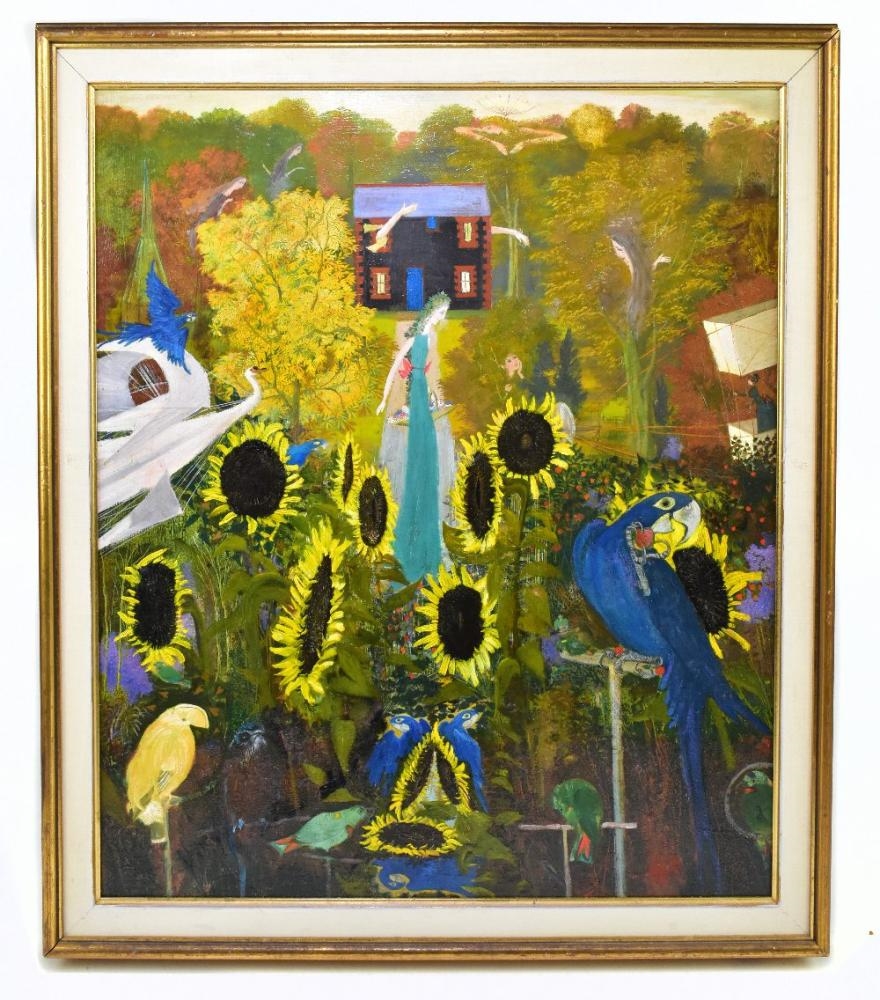 George Wallace Jardine | stylised garden with sunflowers and parrots ...