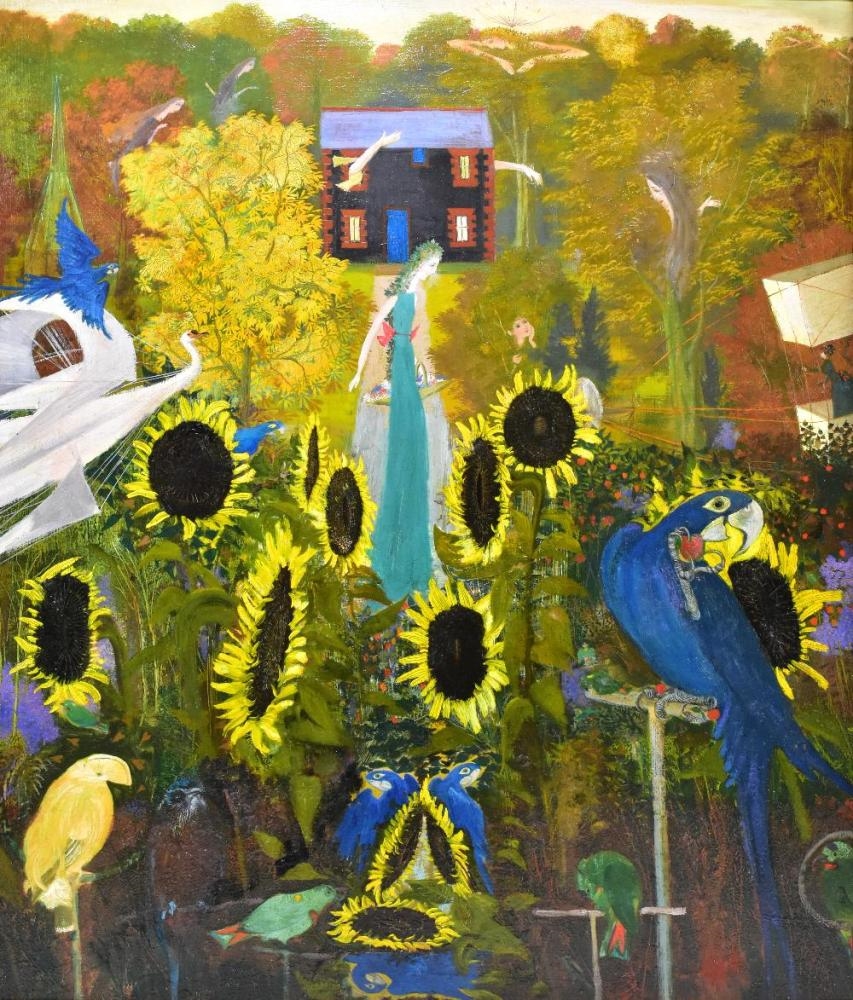 George Wallace Jardine | stylised garden with sunflowers and parrots ...