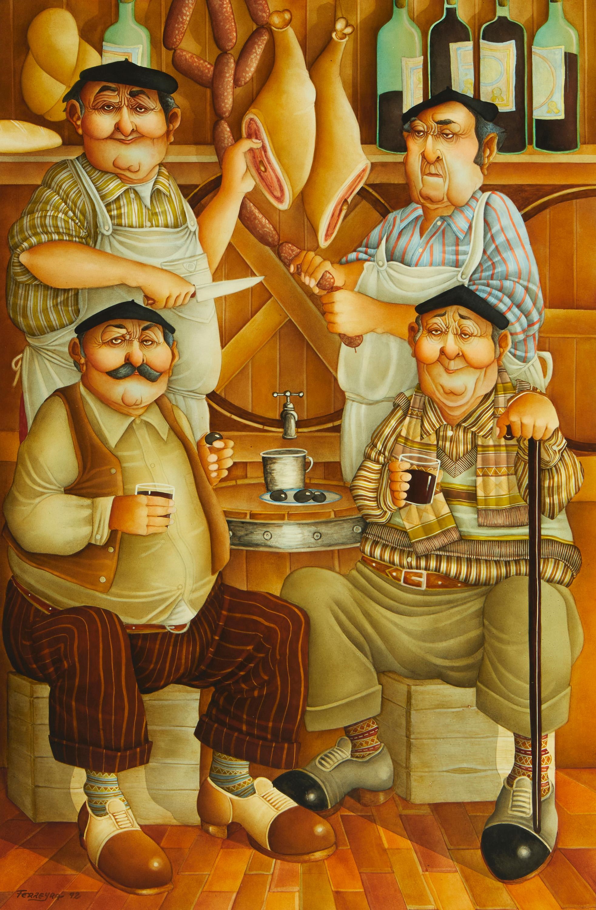 Juan Carlos Ferreyra Santos | Four men in a butcher shop (1992) | MutualArt