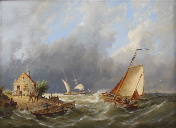 Pieter Cornelis Dommershuijzen | - Boats in a squall off the coastline ...