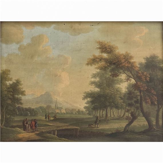 Dutch School, 18th Century | Hikers and hunters in a river landscape ...