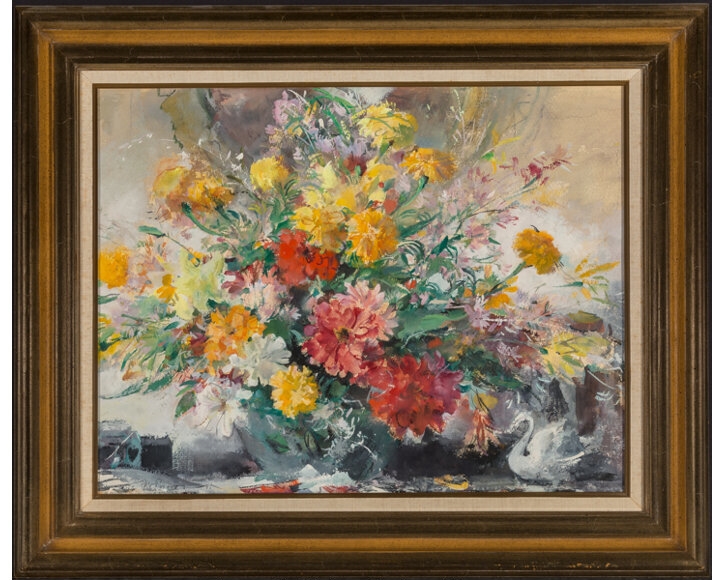 Walter Biggs | Still life with bouquet and a small swan (1945) | MutualArt