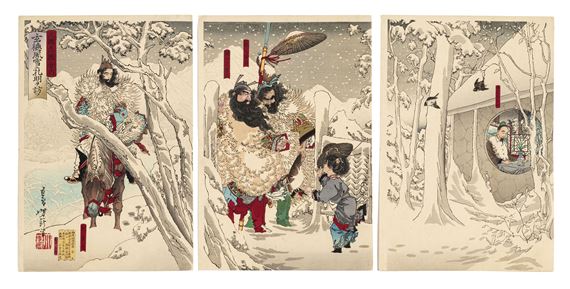 Tsukioka Yoshitoshi | Triptych Gentoku visiting Komei under snow (1883 ...