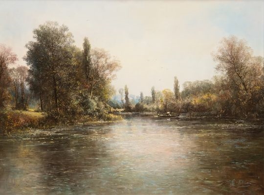 Detlef Rahn | Sommerliche Flußlandschaft mit Angler | MutualArt