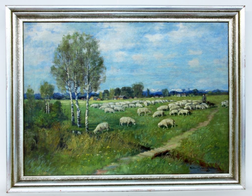 Carl Muller Baumgarten | Pre-Alpine landscape with flock of sheep ...