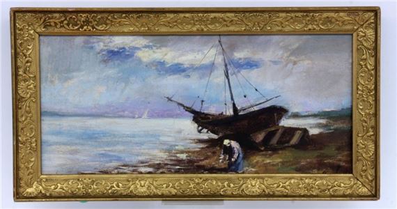 A. K. PUCA | Woman collecting shells on the beach with fishing boat ...