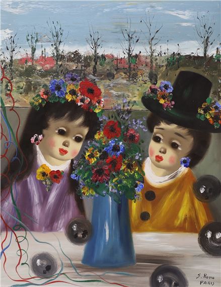 S. Reno | Children beside a vase of flowers | MutualArt