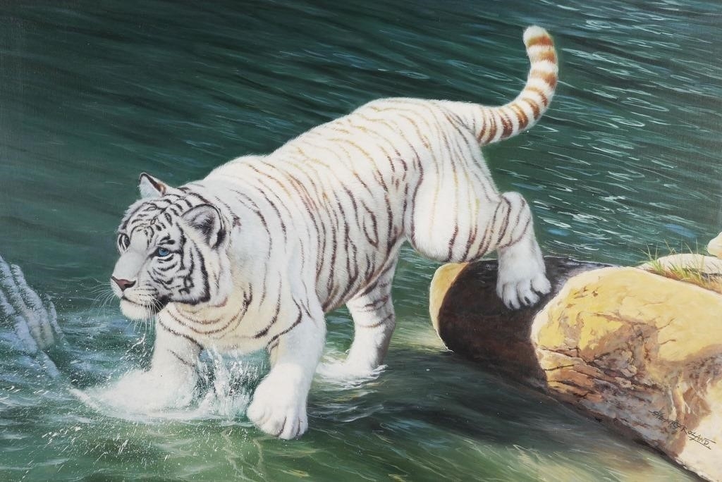 Henry Roland | A white tiger entering the water | MutualArt