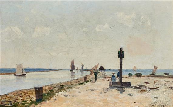 Olof Krumlinde | Strandbild med figurer och båtar (89) | MutualArt