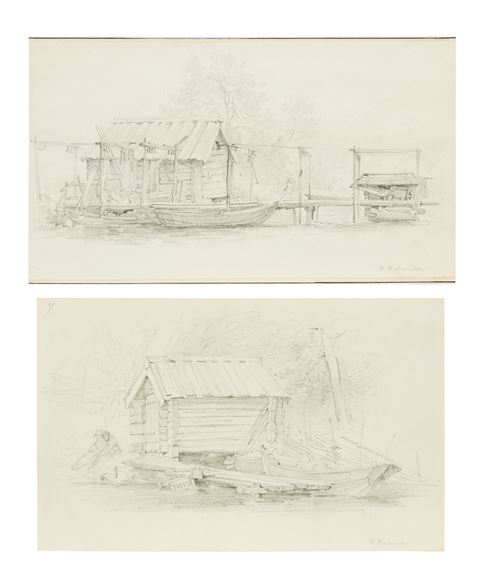 Josef Wilhelm Wallander | Landskap med sjöhus, brygga och båtar - två ...