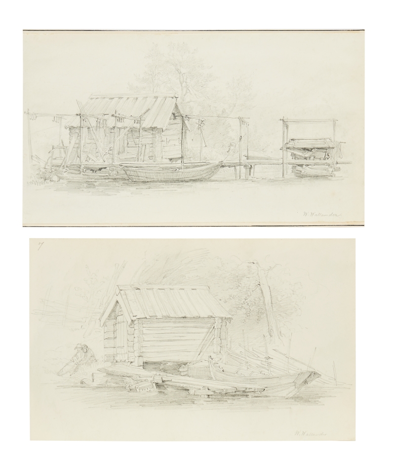 Josef Wilhelm Wallander | Landskap med sjöhus, brygga och båtar - två ...
