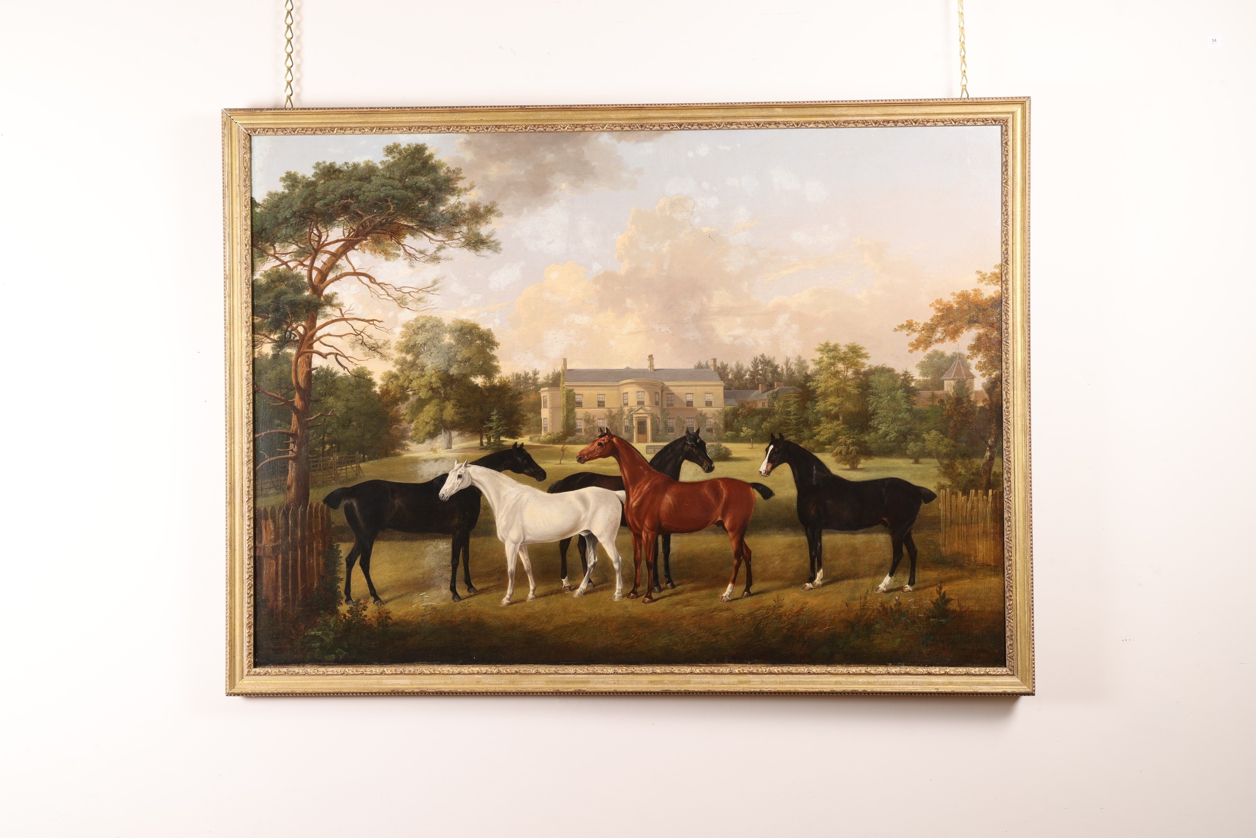 Frederick William Keyl | Five Thoroughbreds in Front of Ozleworth Park, Gloucestershire. | MutualArt