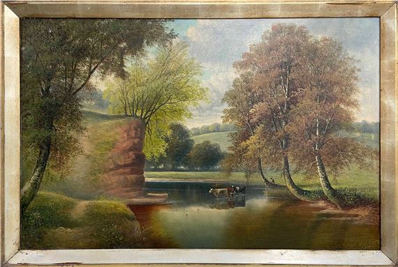 George Harris | Pastoral river landscape with an angler beside trees ...