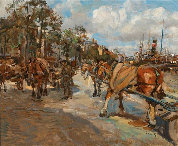 Carl Fahringer | Wartende Pferde am Kai | MutualArt