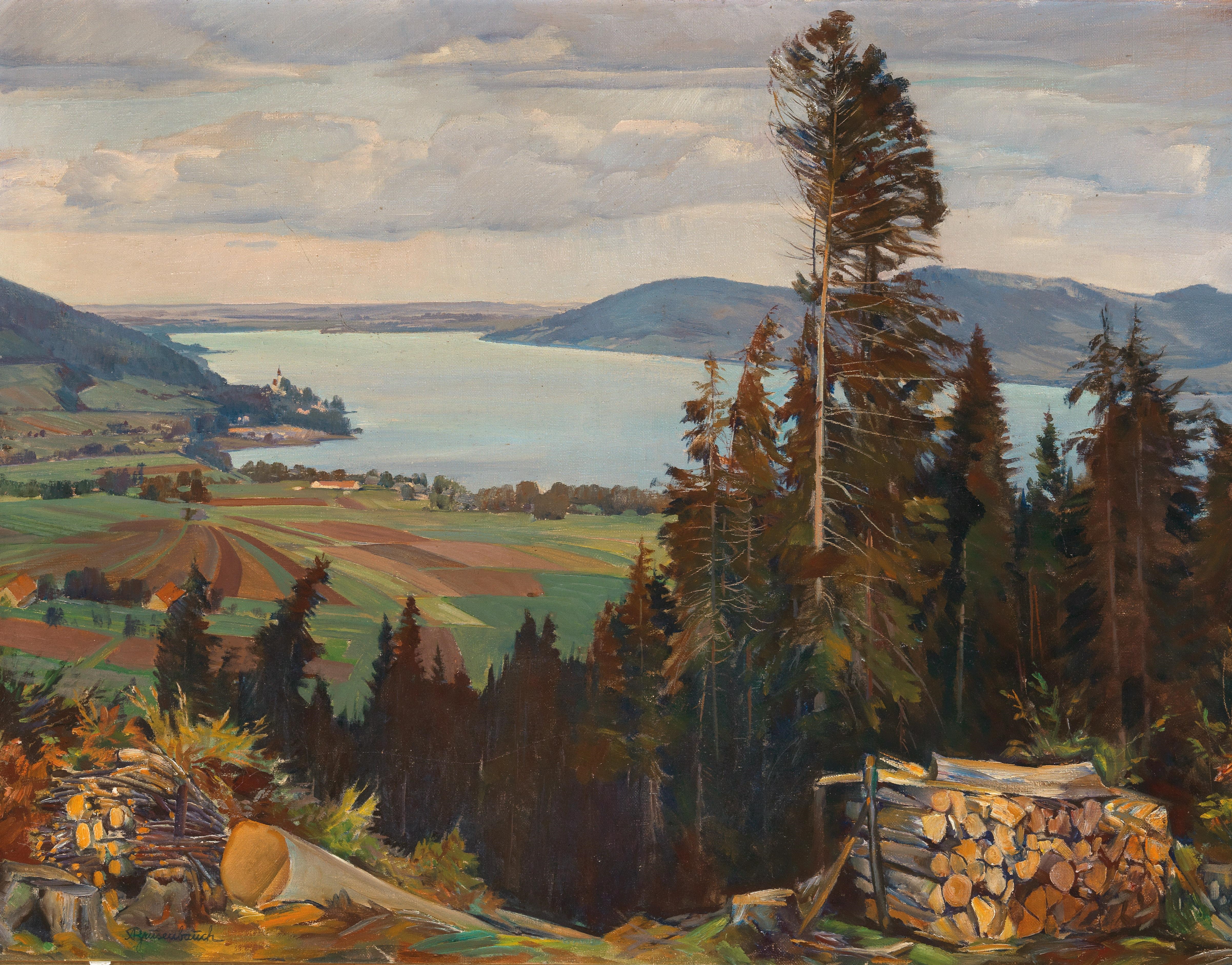 Arthur Brusenbauch | Blick auf den Attersee mit dem Ort Attersee ...