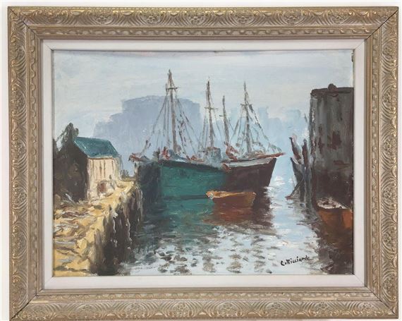 Cesare Ricciardi | Harbor scene with docked boats | MutualArt