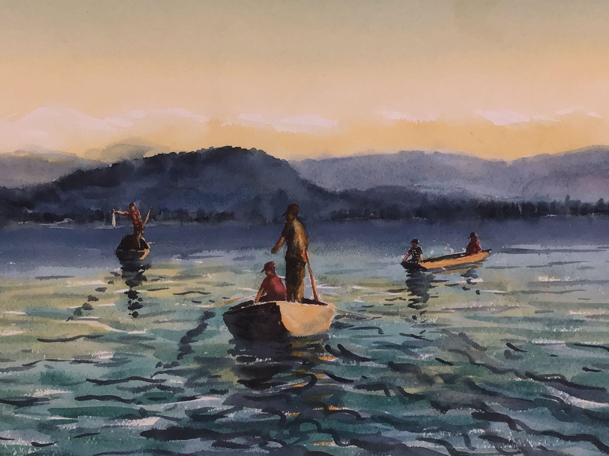 Harry Louis Stevens | Lake with figures and mountains in the background ...