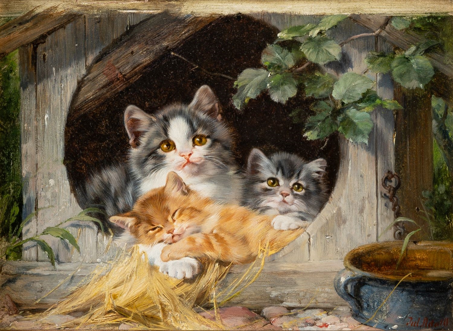 Julius Adam the Younger | Drei Katzen in einer Holzhütte | MutualArt