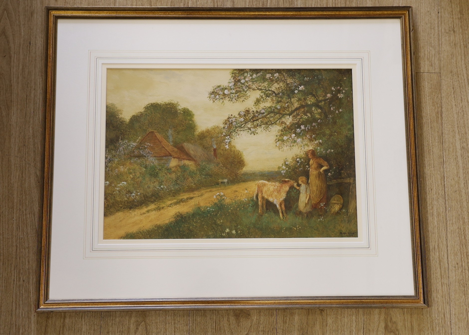 Frederick Hines | Figures and calf, a cottage beyond | MutualArt