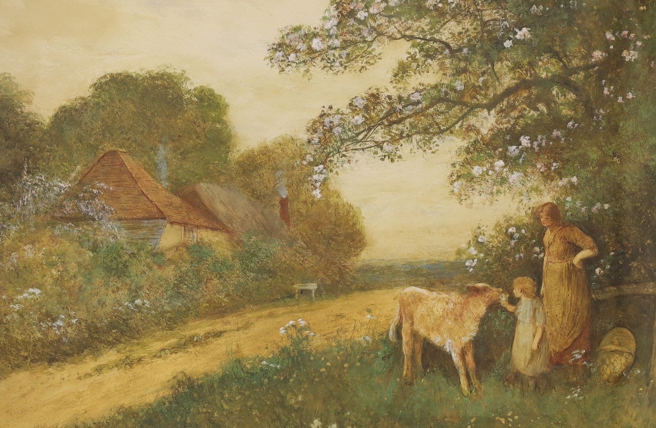 Frederick Hines | Figures and calf, a cottage beyond | MutualArt