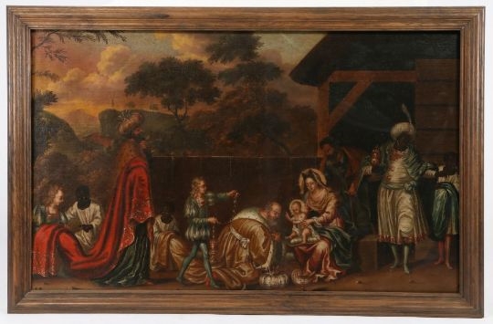 Flemish School 17th Century | Adoration of the Magi, figures in the stable to foreground, before ...