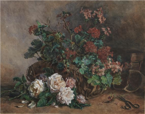 French School, 19th Century | Roses and pelargoniums in a basket (1876 ...
