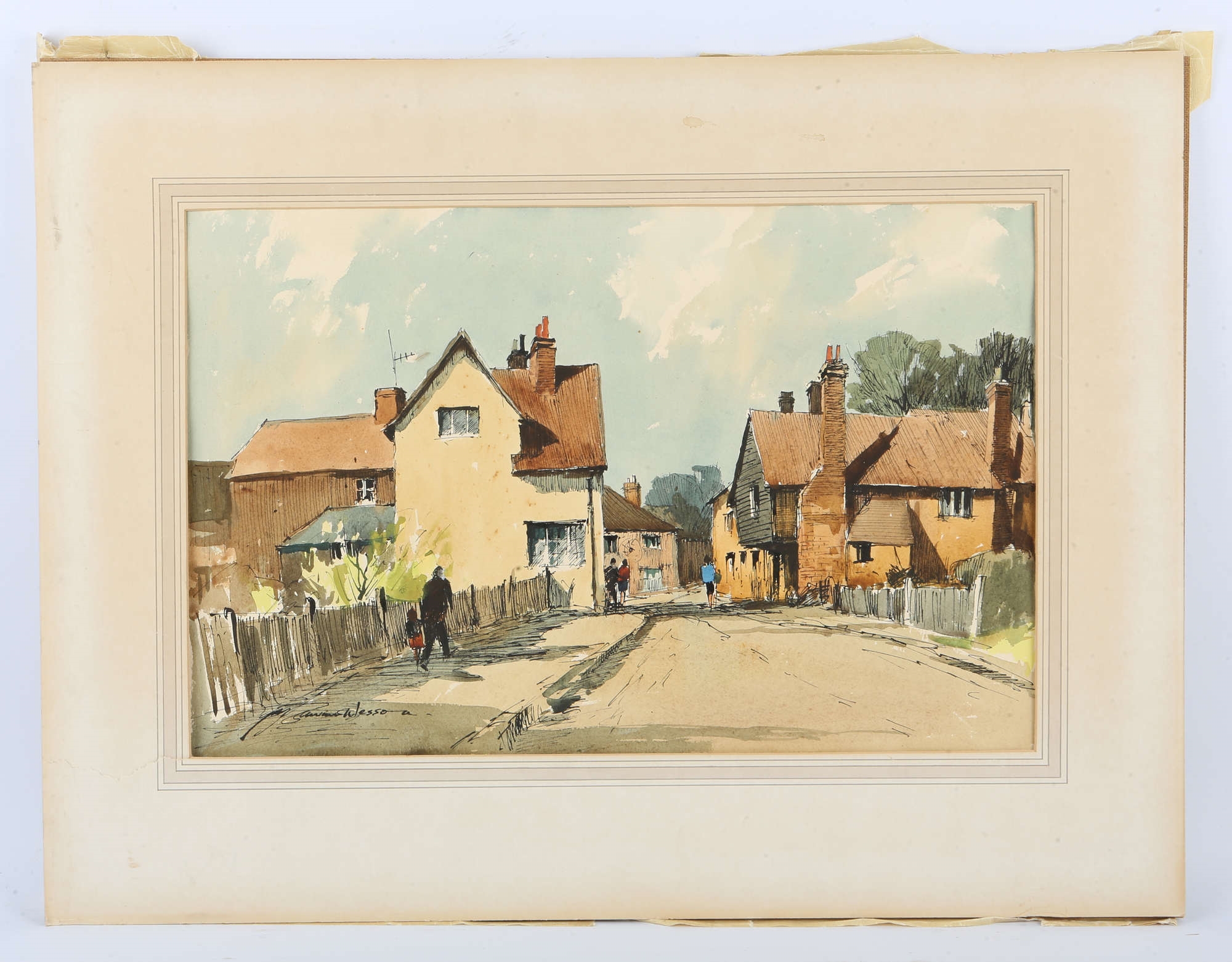 Edward Wesson | street scene with cottages and figures to foreground ...