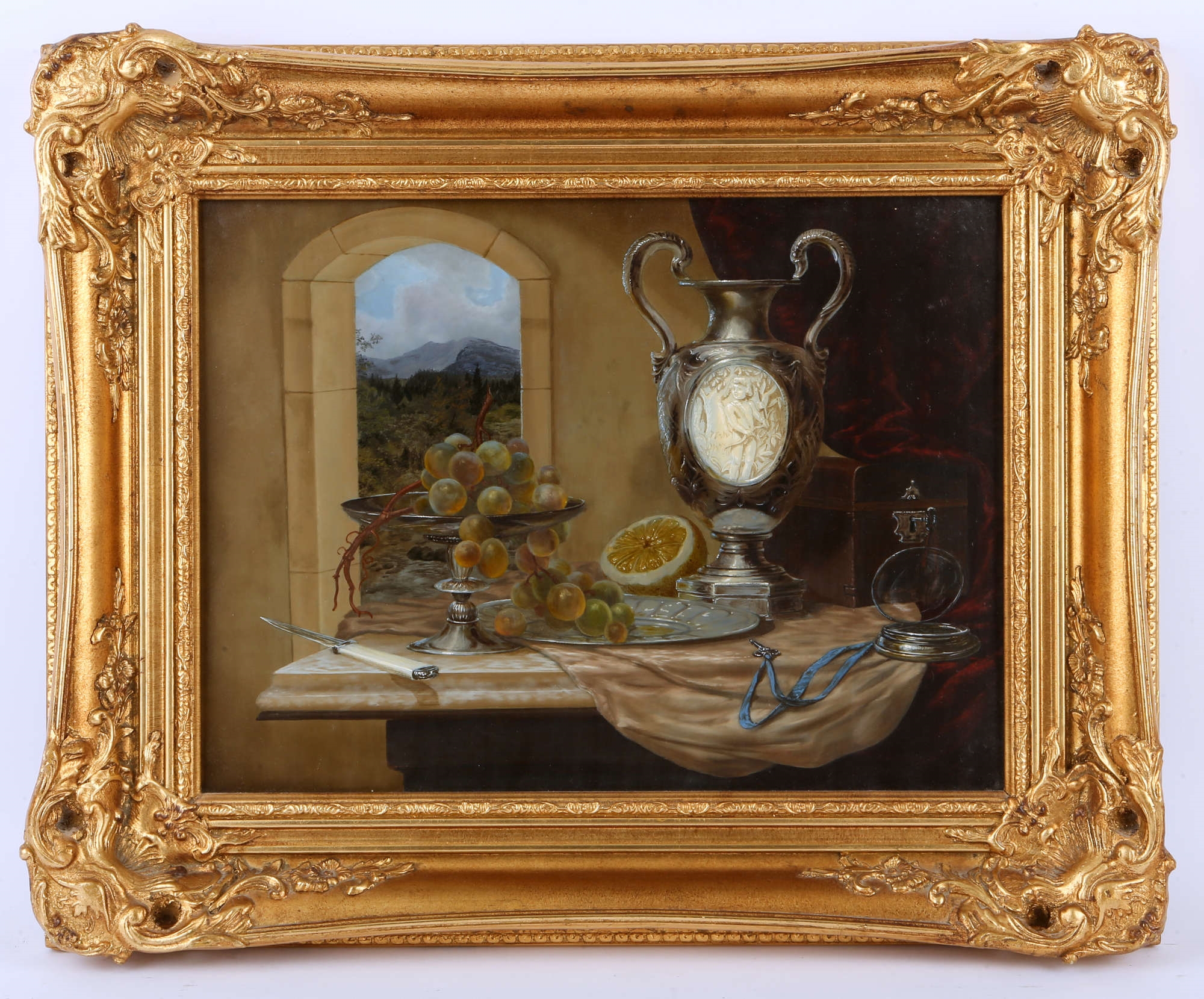 Gyula Boros | still life with grapes and landscape to background (1984 ...