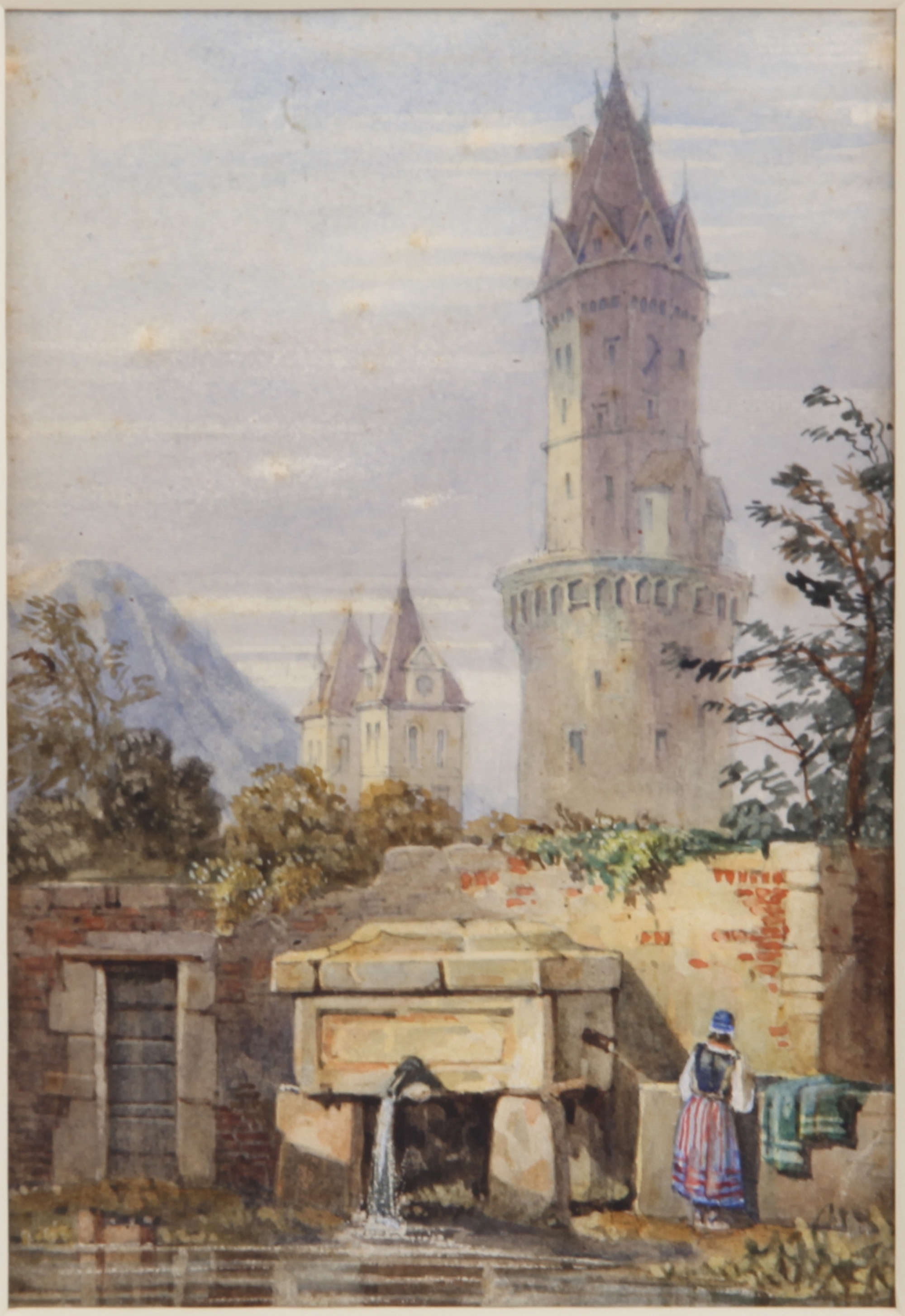 Samuel Prout | alpine scene with towers and woman washing clothes to ...