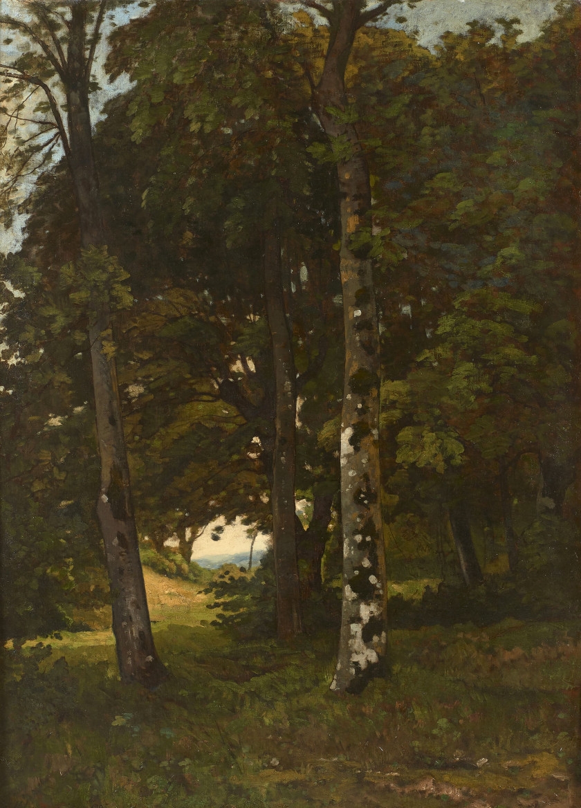 Henri-Joseph Harpignies | Sous-bois aux grands arbres (1885) | MutualArt