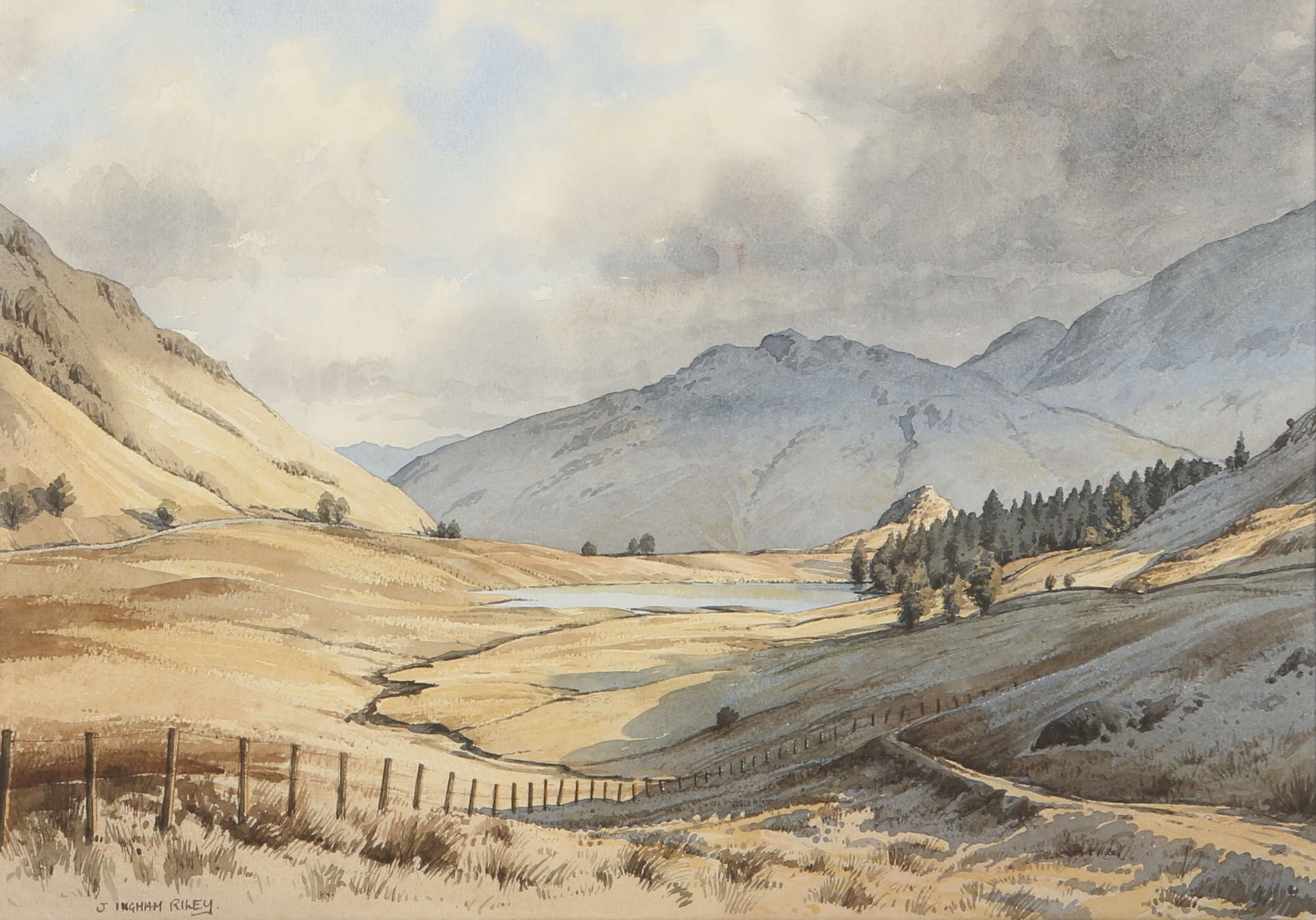 J. Ingham Riley | rural landscape with lake and fence to foreground ...