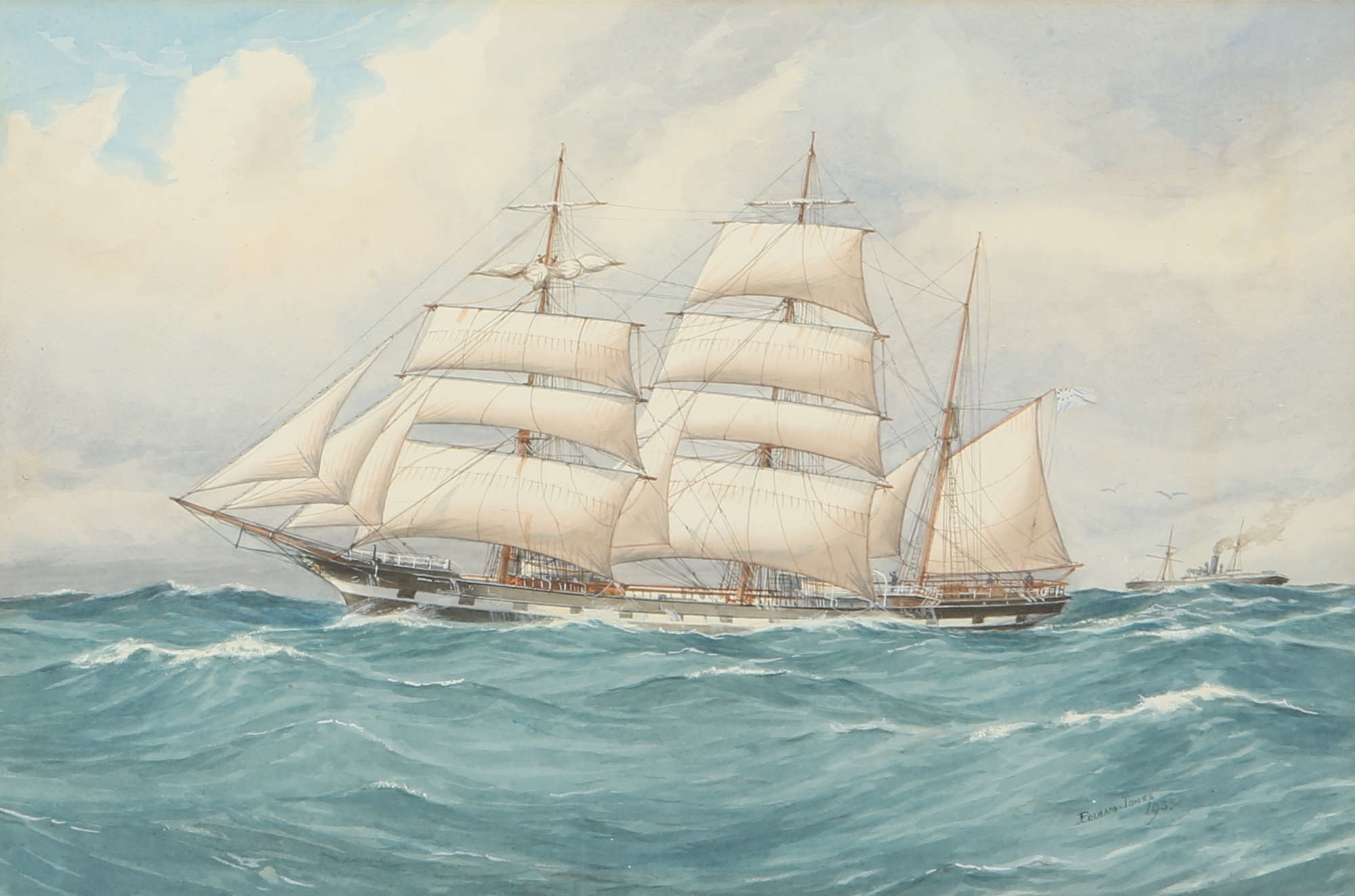 Pelham Jones | ship at sea with steam boat to background (1933) | MutualArt