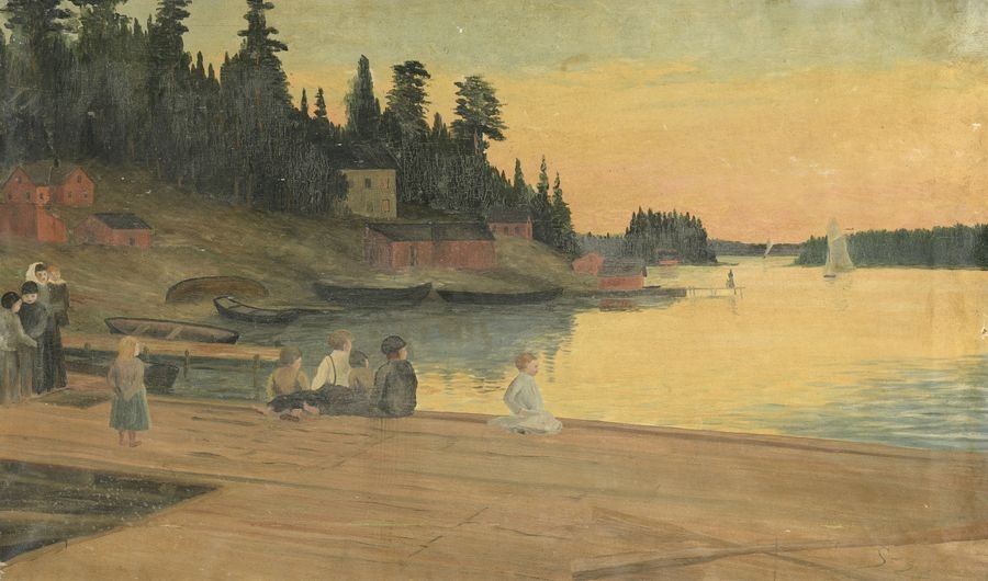 Albert Edelfelt | Family by the lake at dusk | MutualArt