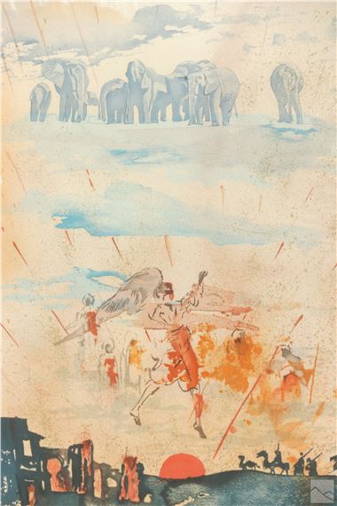 Salvador Dalí | Landscape with camel caravan on a sunset background ...