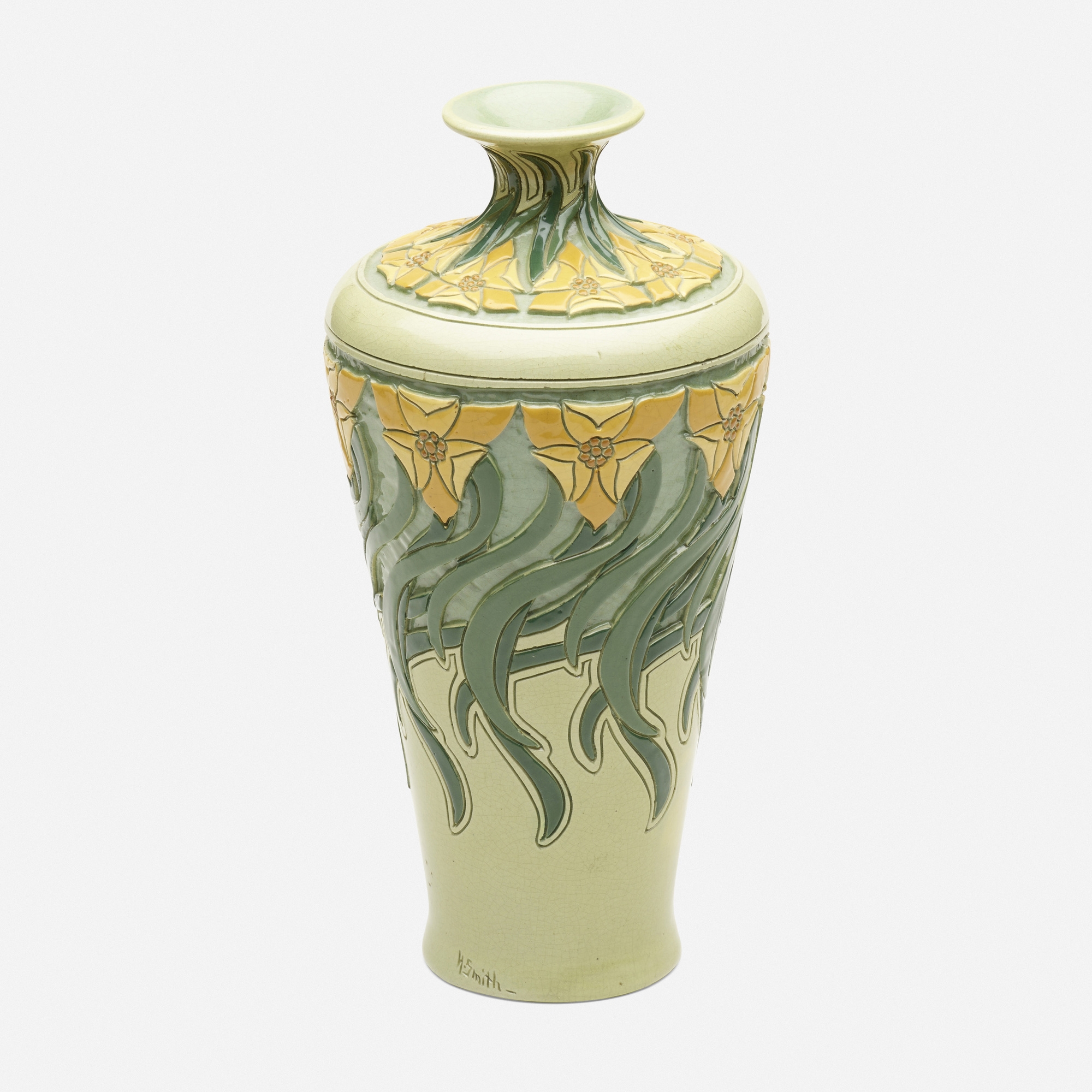 Frederick Hurten Rhead | Della Robbia vase with stylized daffodils ...