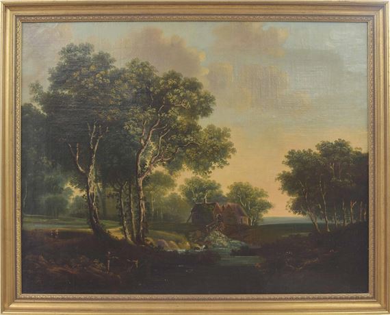 George Cuitt | River landscape with a watermill and other buildings ...