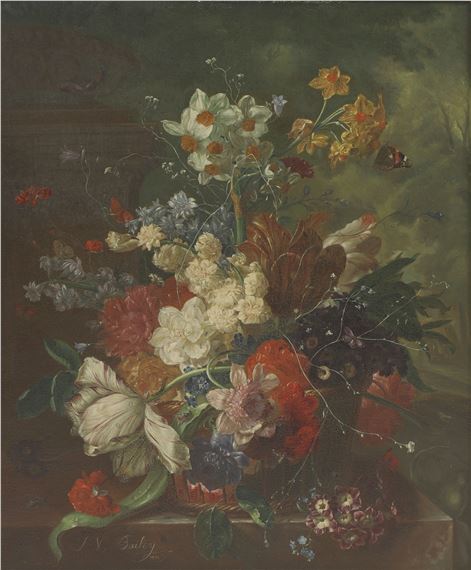 Frederick Victor Bailey | Still life of a basket of flowers on a stone ...