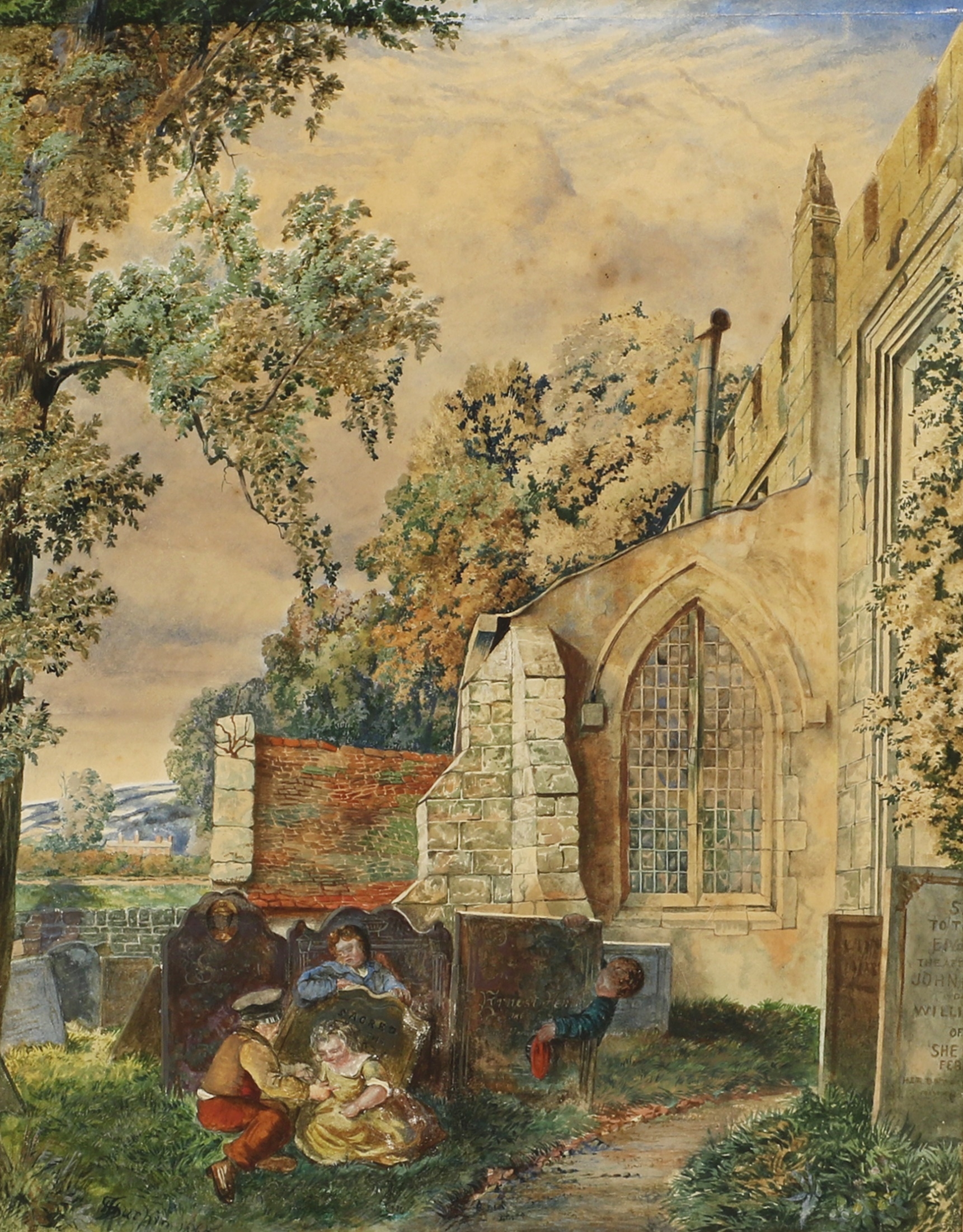 Samuel Hart Turpin | Children in a churchyard (1862) | MutualArt