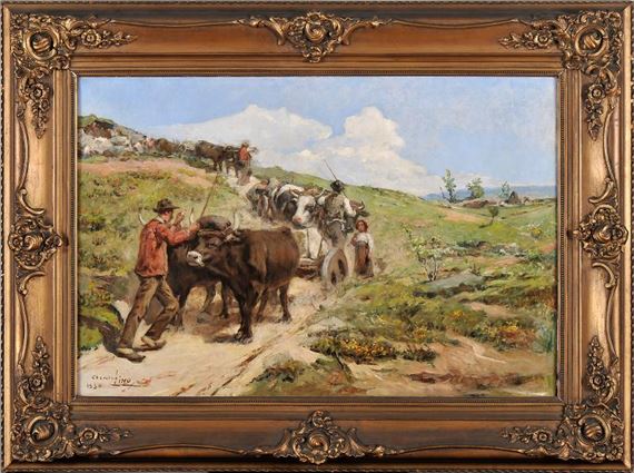 Lino Acácio de Magalhães | Landscape with figures maneuvering yokes of ...