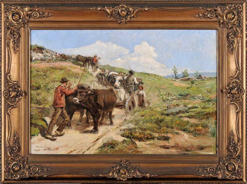 Lino Acácio de Magalhães | Landscape with figures maneuvering yokes of ...