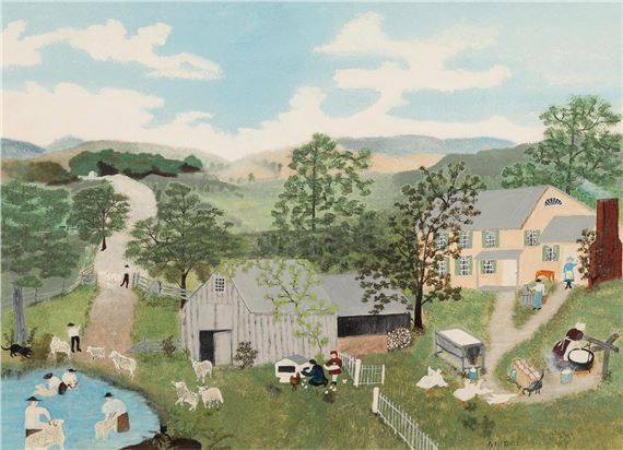 Grandma Moses | May, Making Soap, Washing Sheep, 1870 (1945) | MutualArt