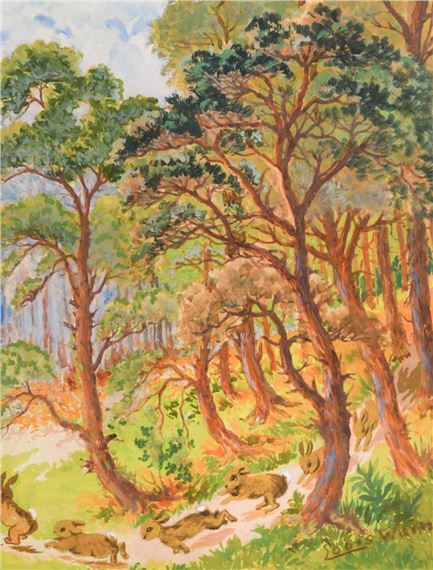 Louis Wain | Rabbits running along a woodland track | MutualArt